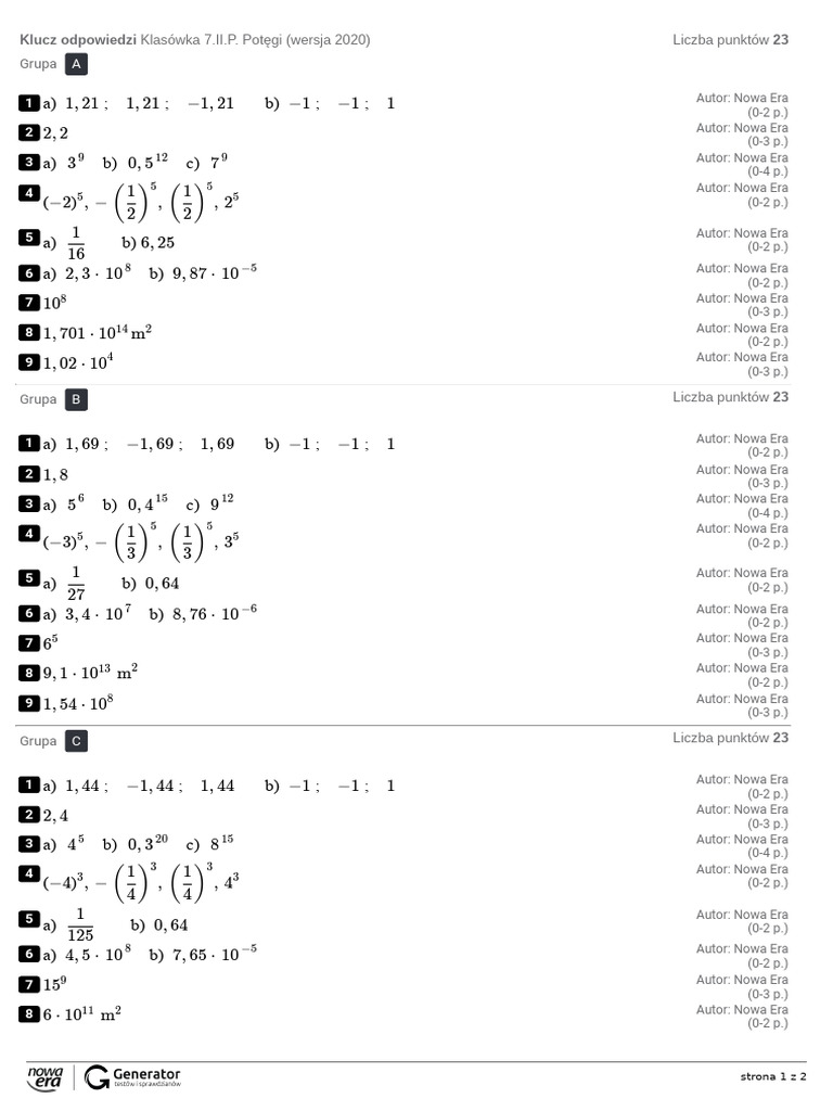 Klasówka 7.II.P. Potęgi (Wersja 2020) Klucz Odpowiedzi | PDF
