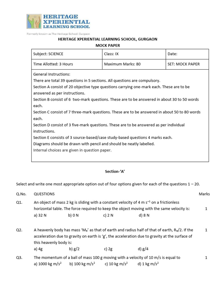 Mock Paper Grade 9 2024-25 | PDF | Force | Mass
