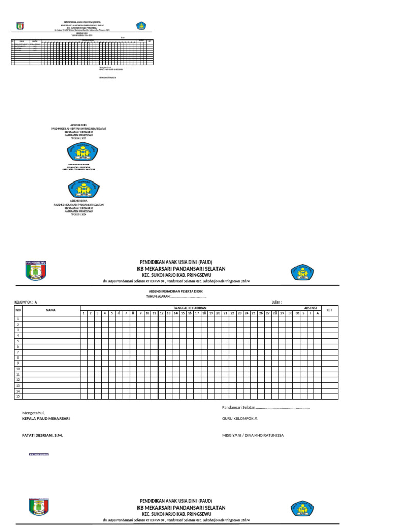 Format Absensi Guru Paud | PDF