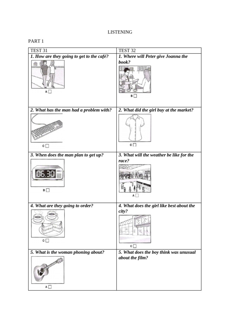 (Test 31-32) Listening Key - ONLINE PET PRACTICE PET | PDF