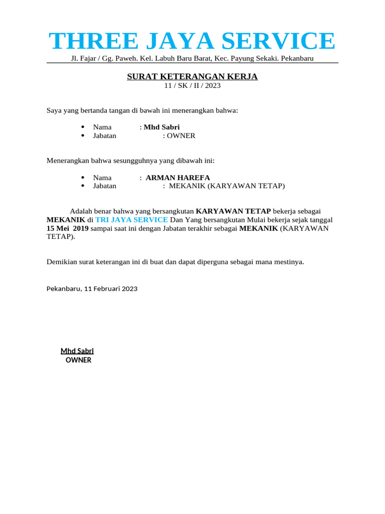 Arman Harefa SK Kerja | PDF