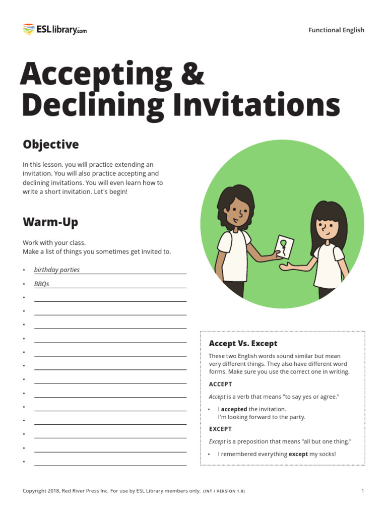 92 Accepting and Declining Invitations US | PDF | English As A Second Or Foreign Language