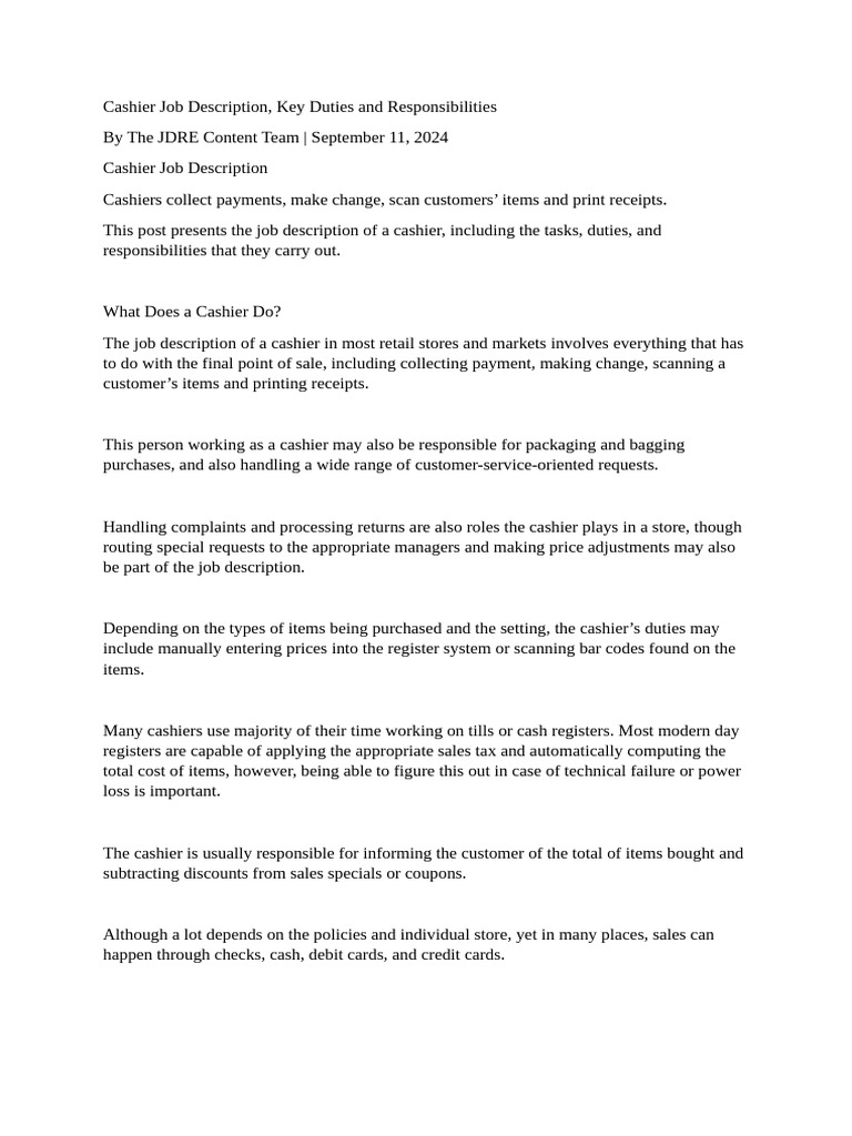 Cashier Job Description Key Duties and Responsibilities | PDF | Cashier ...