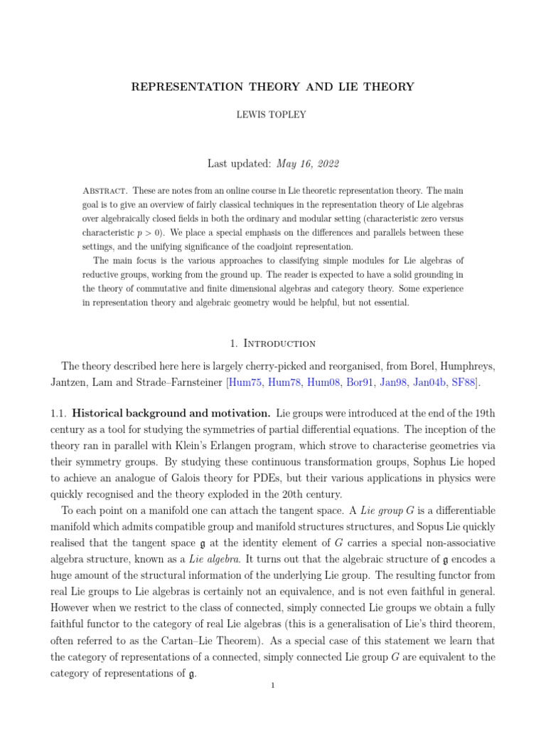 TCC course notes - Lie Theory | PDF | Representation Theory | Lie Algebra