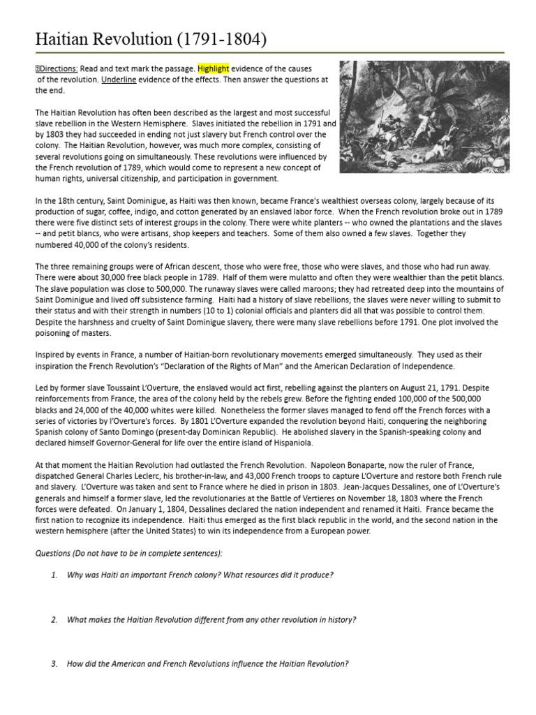 Dunphy Copy of Haitian Revolution Reading and Questions | PDF | Haiti ...