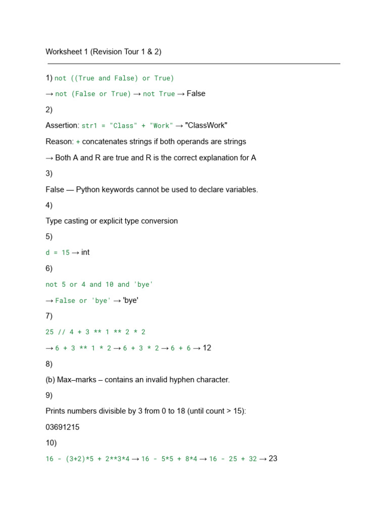 Worksheet 1 (Revision Tour 1 & 2) Solutions | PDF | Boolean Data Type ...