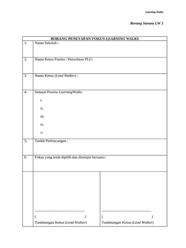 Borang Learning Walks | PDF