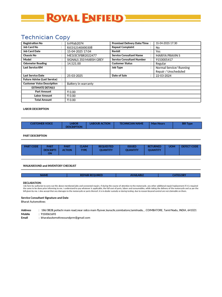 Technician Service Job Card Details | PDF | Business