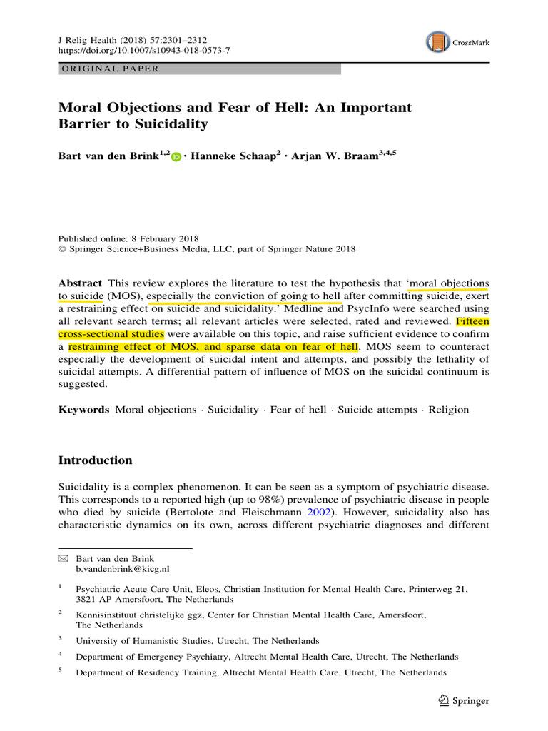 Moral Objections and Fear of Hell Important Barrier To Suicidality ...