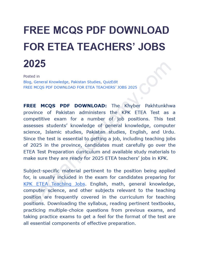Free Mcqs PDF Download for ETEA Jobs 2025 | PDF | Poetry | Multiple Choice