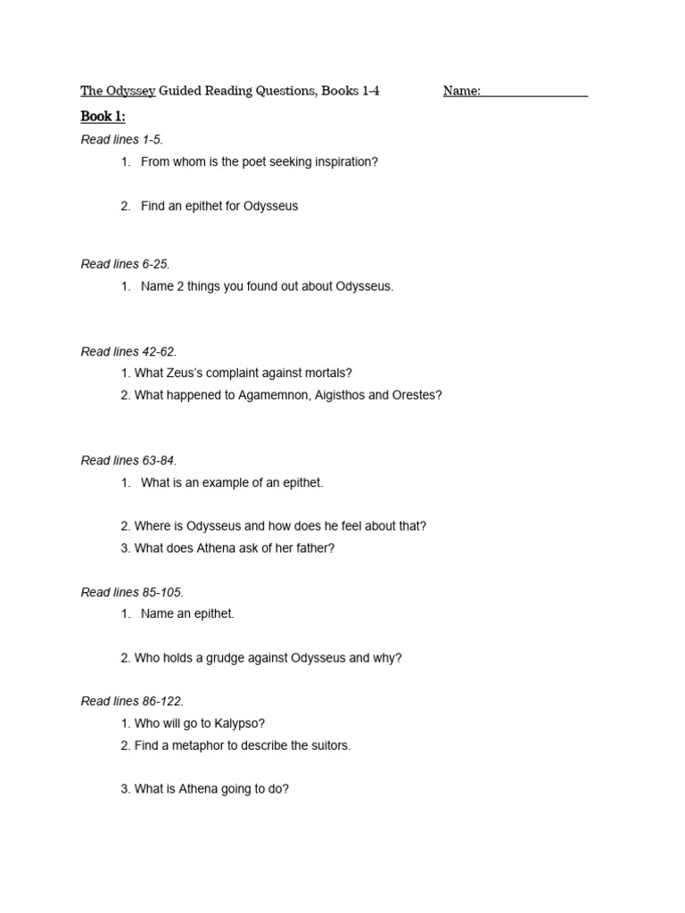 The Odyssey Books 1-4 Guided Reading Questions | PDF | Odyssey | Odysseus