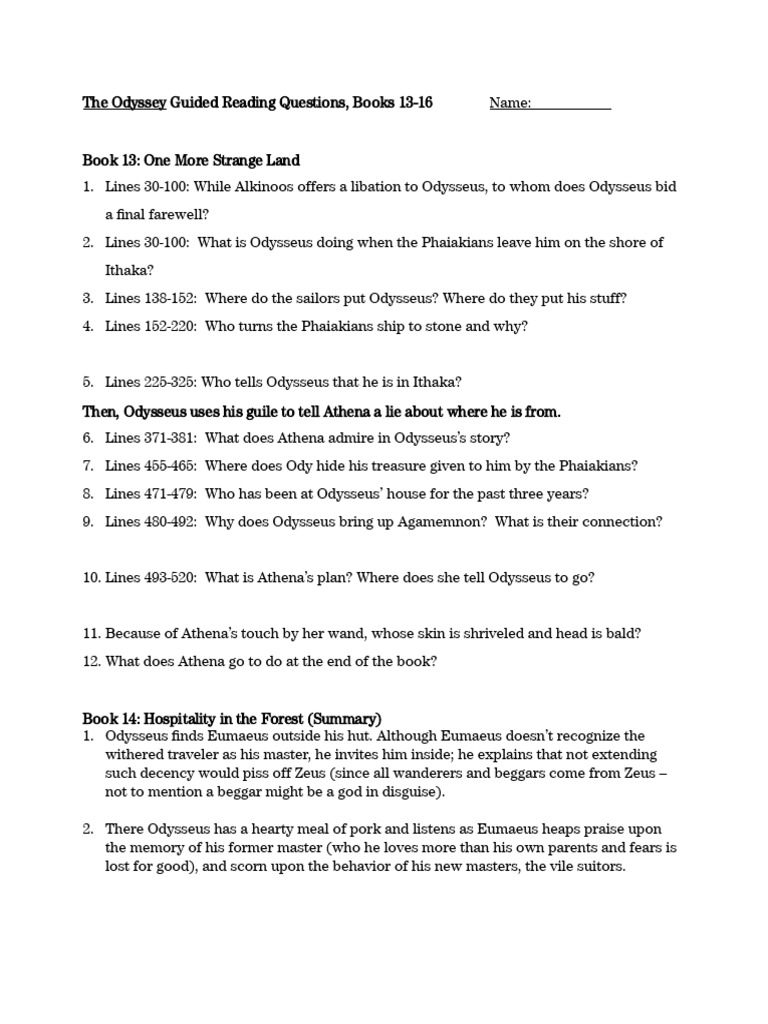 The Odyssey Books 13-16 Guided Reading Questions | PDF | Odysseus | Odyssey