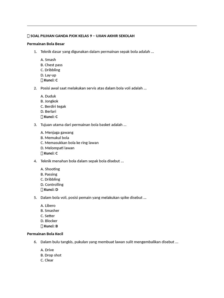 ? Soal Pilihan Ganda Pjok Kelas 9 | PDF