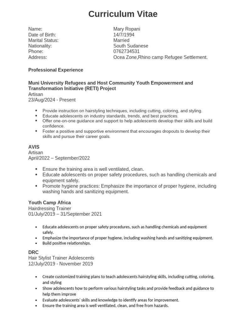 Mary Ropani Curriculum Vitae Siama | PDF | Hairdresser