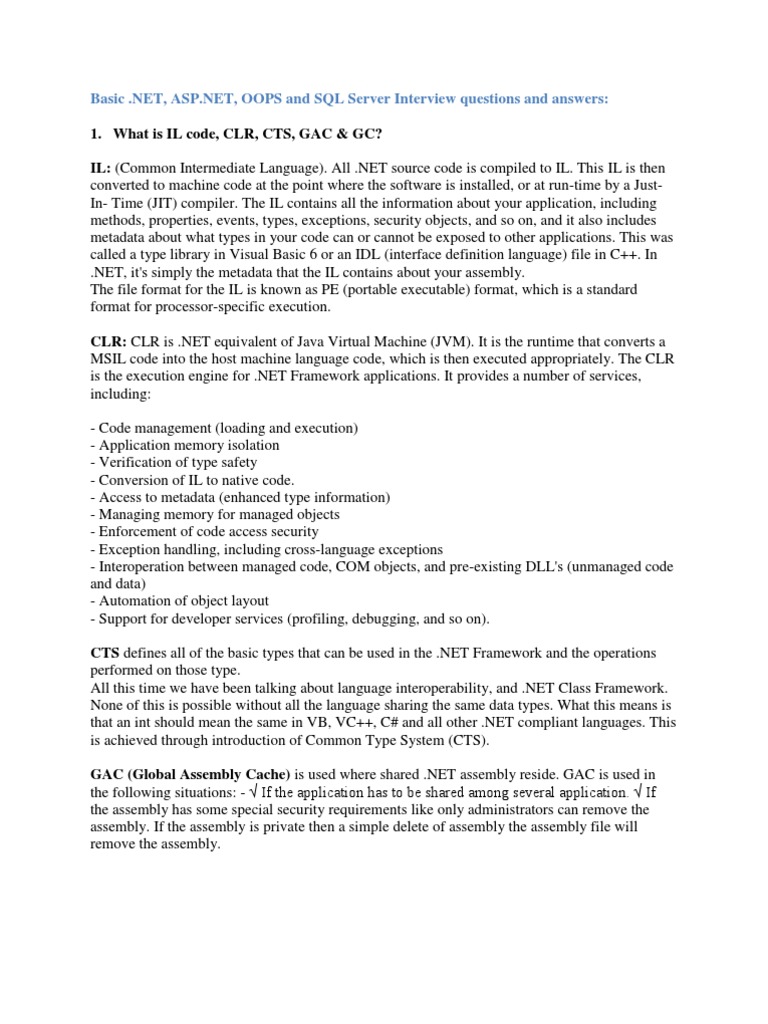 Basic Net Asp Net Oops And Sql Server Interview Questions And Answers Pdf Class