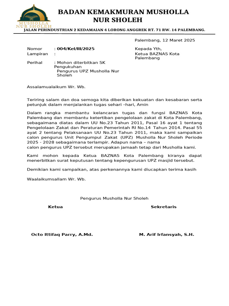 SK Pengukuhan Pengurus UPZ Musholla 2025 | PDF
