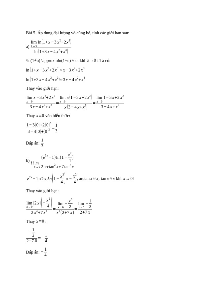 Bài 5. Áp D NG Đ I Lư NG Vô Cùng Bé, Tính Các Gi I H N Sau: A) /LN (1+u) /approx Uln (1+u) U Khi ...