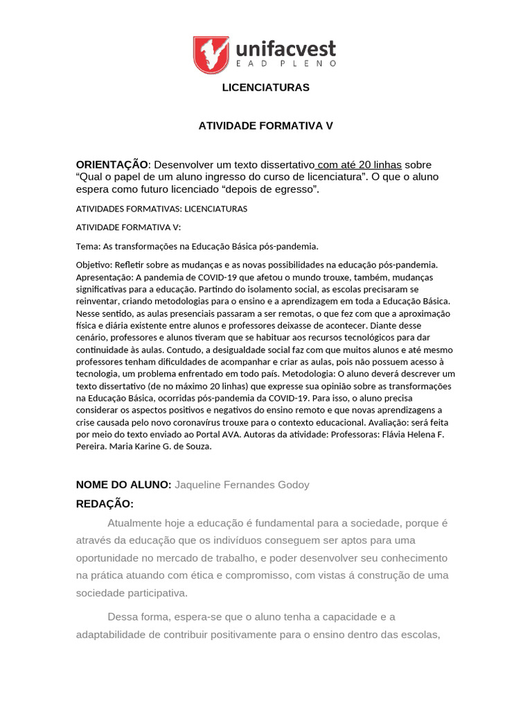 ATIVIDADE FORMATIVA I (JAQUELINE FERNANDES GODOY) | PDF | Aprendizado | Pedagogia