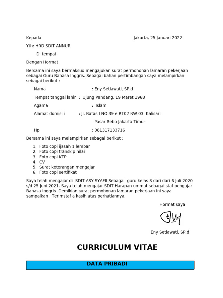 CV Eny Setiawati,S.Pd ke SDIT ANNUR -Guru Bahasa Inggris | PDF