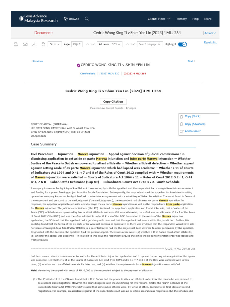 Cedric Wong King Ti V Shim Yen Lin, (2023) 4 MLJ 264 | PDF | Justice Of The Peace | Affidavit
