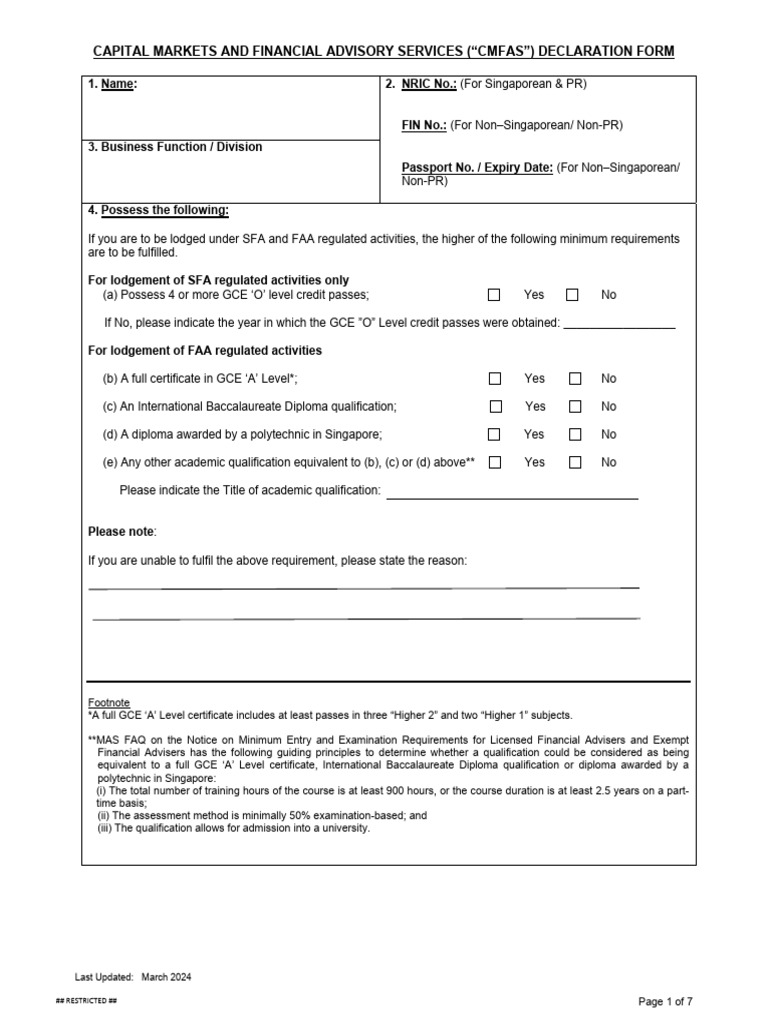 CMFAS Declaration Form for Financial Advisors | PDF | Futures Contract ...