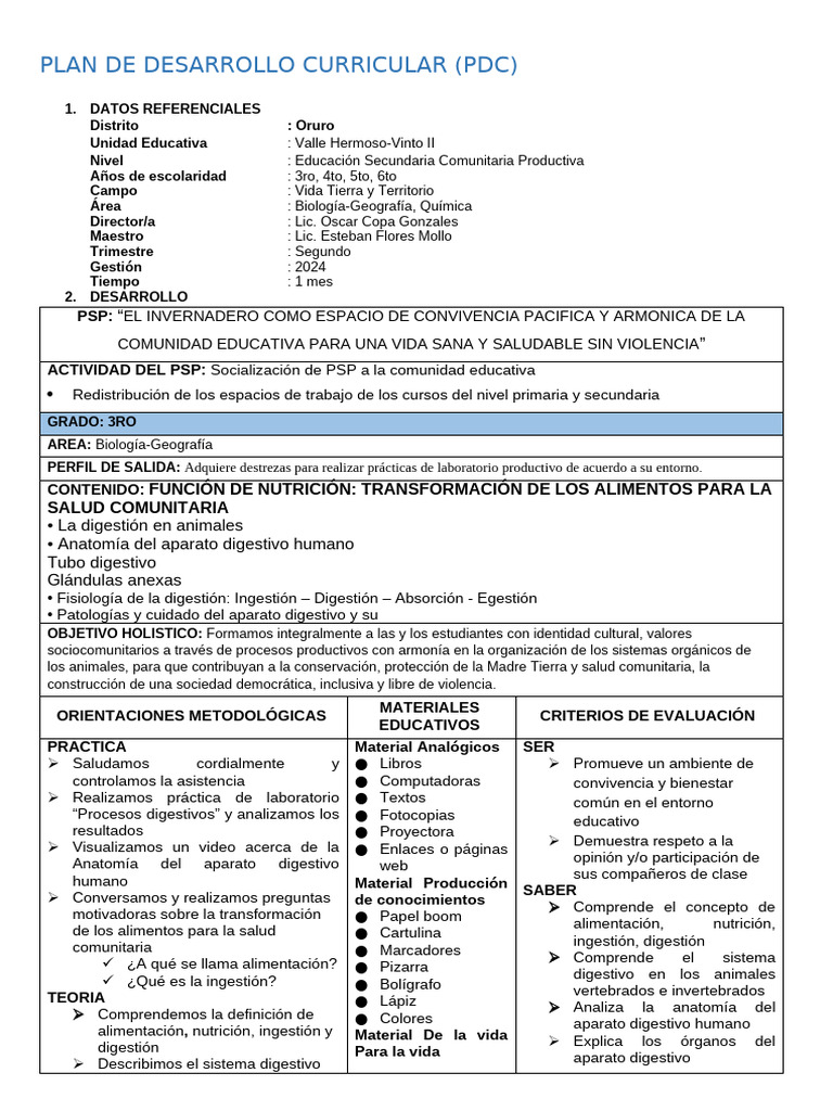 PLAN DE DESARROLLO CURRICULAR (PDC)bio-2do trimestre | PDF | Sistema endocrino | Biomoléculas