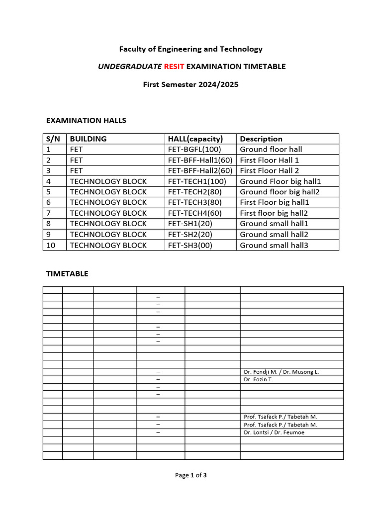2025 Engineering Resit Exam Timetable | PDF