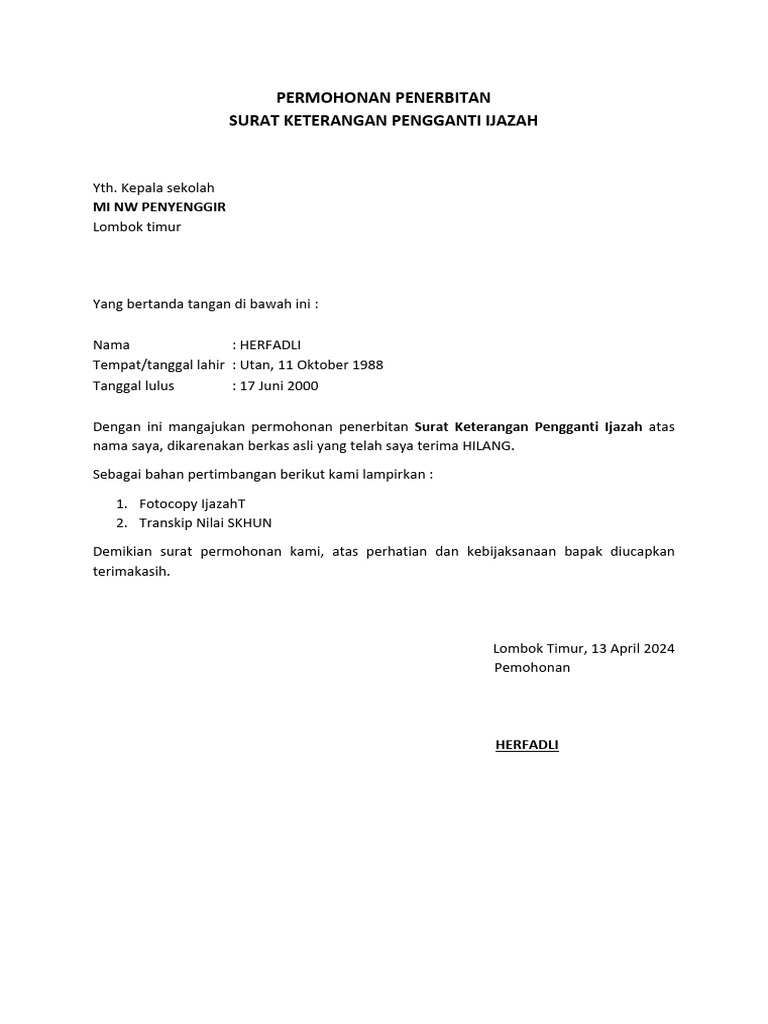 Surat Permohonan Penerbitan Ijazah | PDF