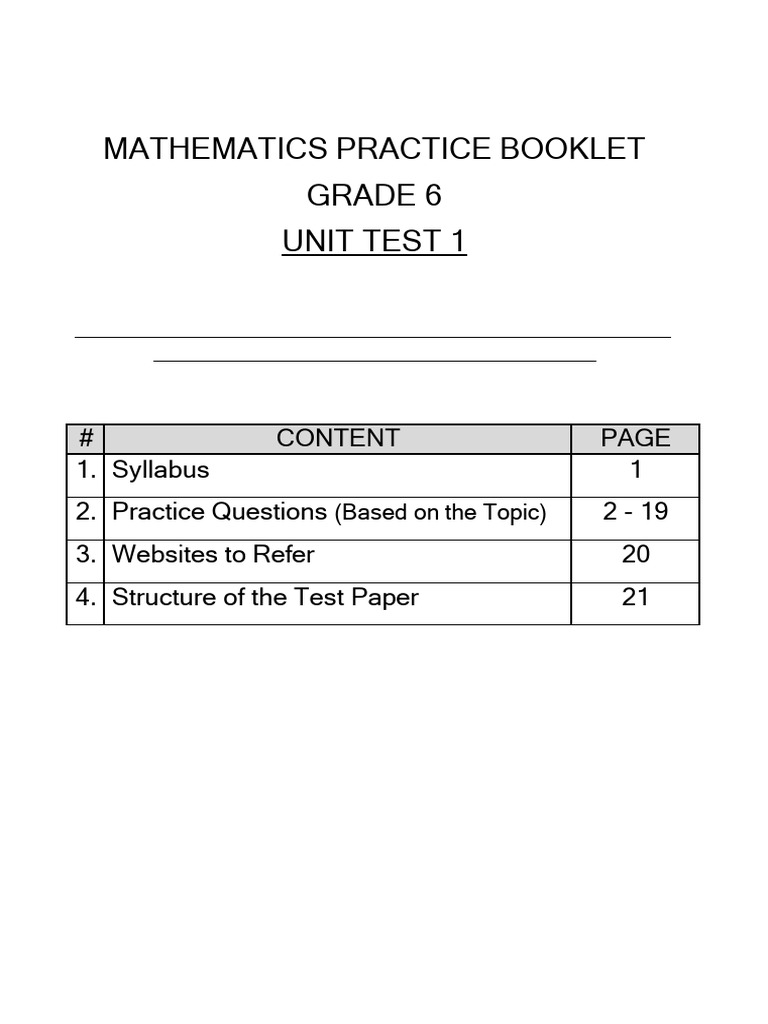 6 Math Practice Booklet (Unit Test-1) 2024 | PDF | Mathematics