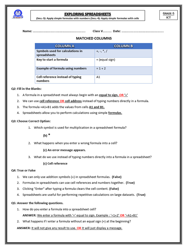 Spreadsheet Formulas for Grade 5 Students | PDF