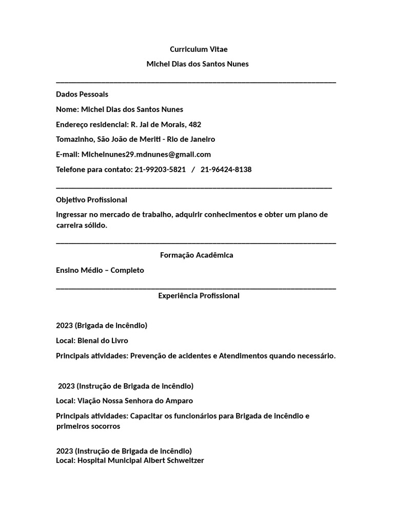 Curriculum Vitae de Michel Nunes | PDF | Paramédico
