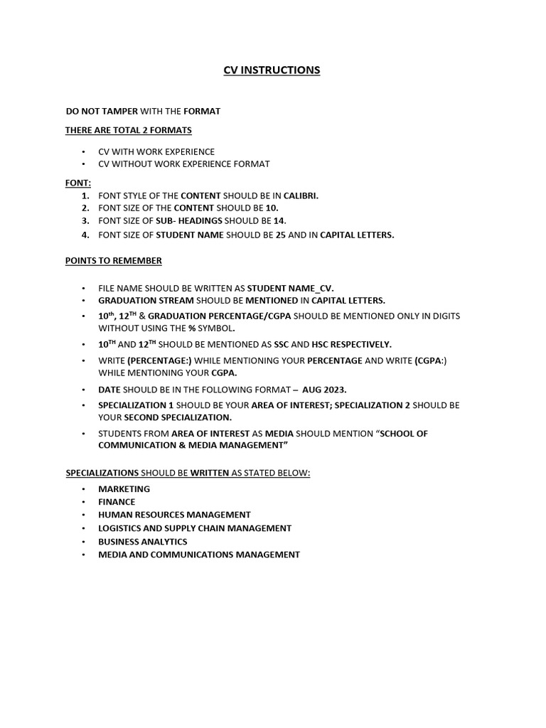 CV Instructions Batch 2024-26 | PDF