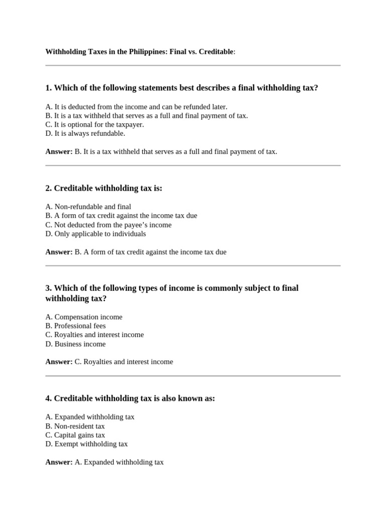 Final vs. Creditable Withholding Tax | PDF | Taxation In The United ...