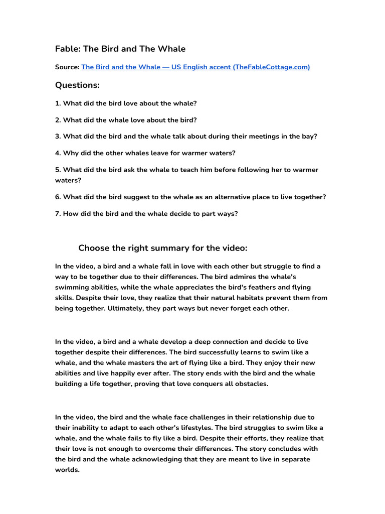 Fable The Bird and The Whale | PDF | Birds | Whales