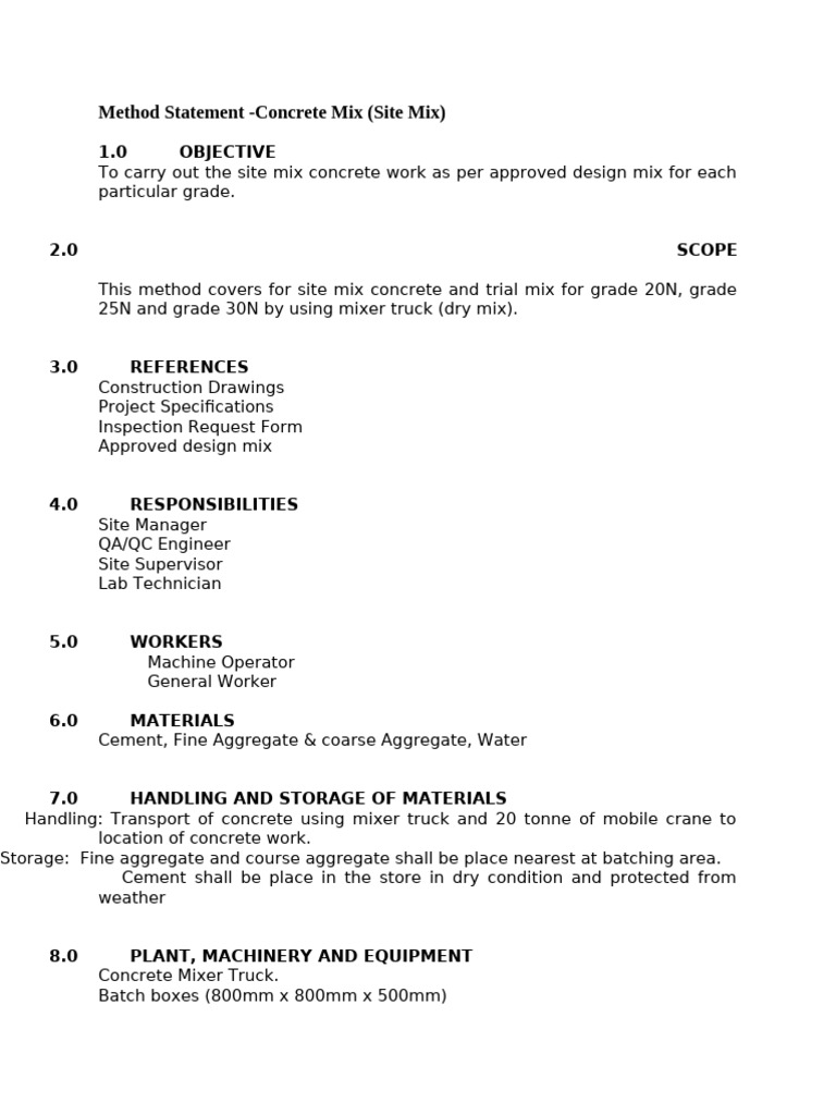 Method Statement Concrete Mix (Site Mix) | PDF | Concrete ...