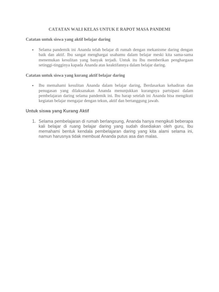 Catatan Wali Kelas Untuk e Rapot Masa Pandemi | PDF