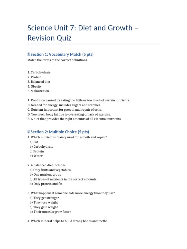 Unit7 Diet and Growth Quiz | PDF