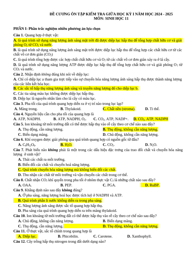 Đáp Án Sinh Gki HNghia | PDF