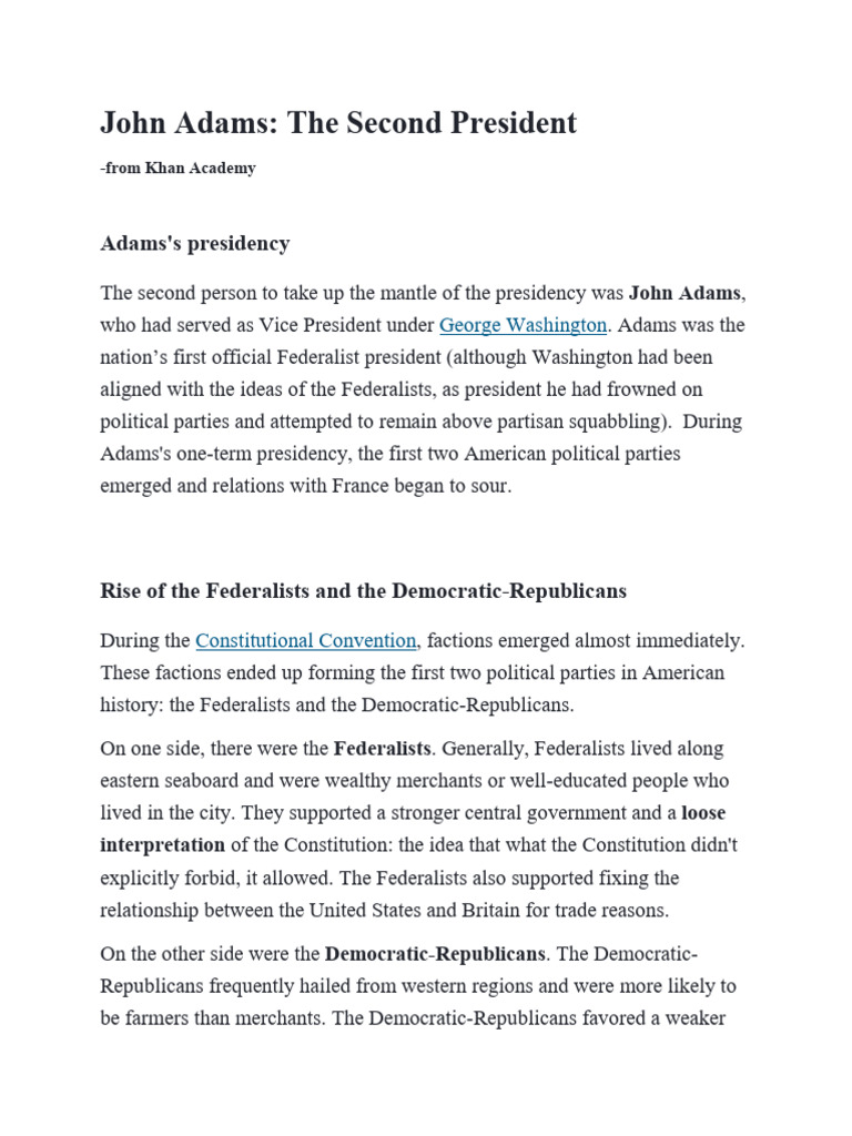 Khan Academy John Adams | PDF | Federalist Party | Federal Government ...