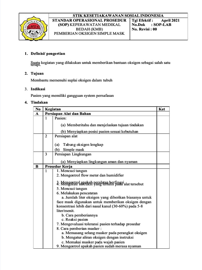 PDF Sop KMB Pemberian Oksigen Simpel Mask Compress | PDF