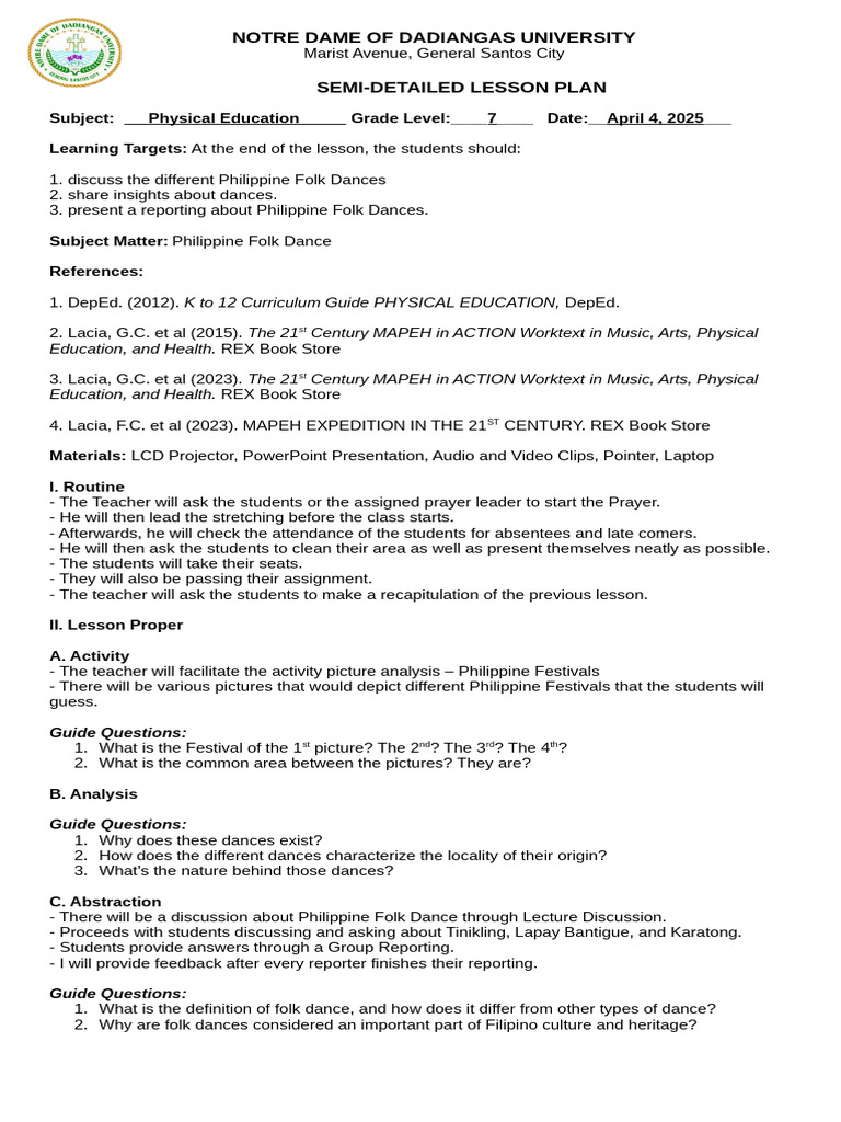 24-ESTANDA-Lesson Plan-PE | PDF | Folk Music | Dances