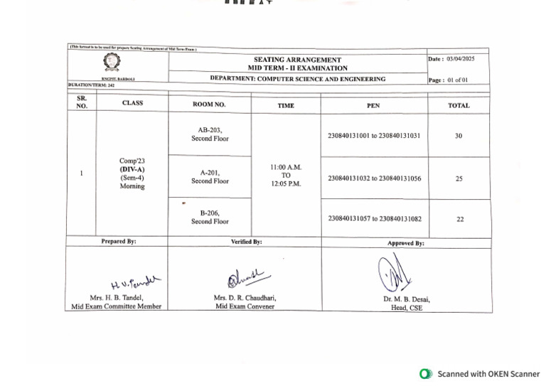 CSE23-A MID2 Seating Arrangement | PDF