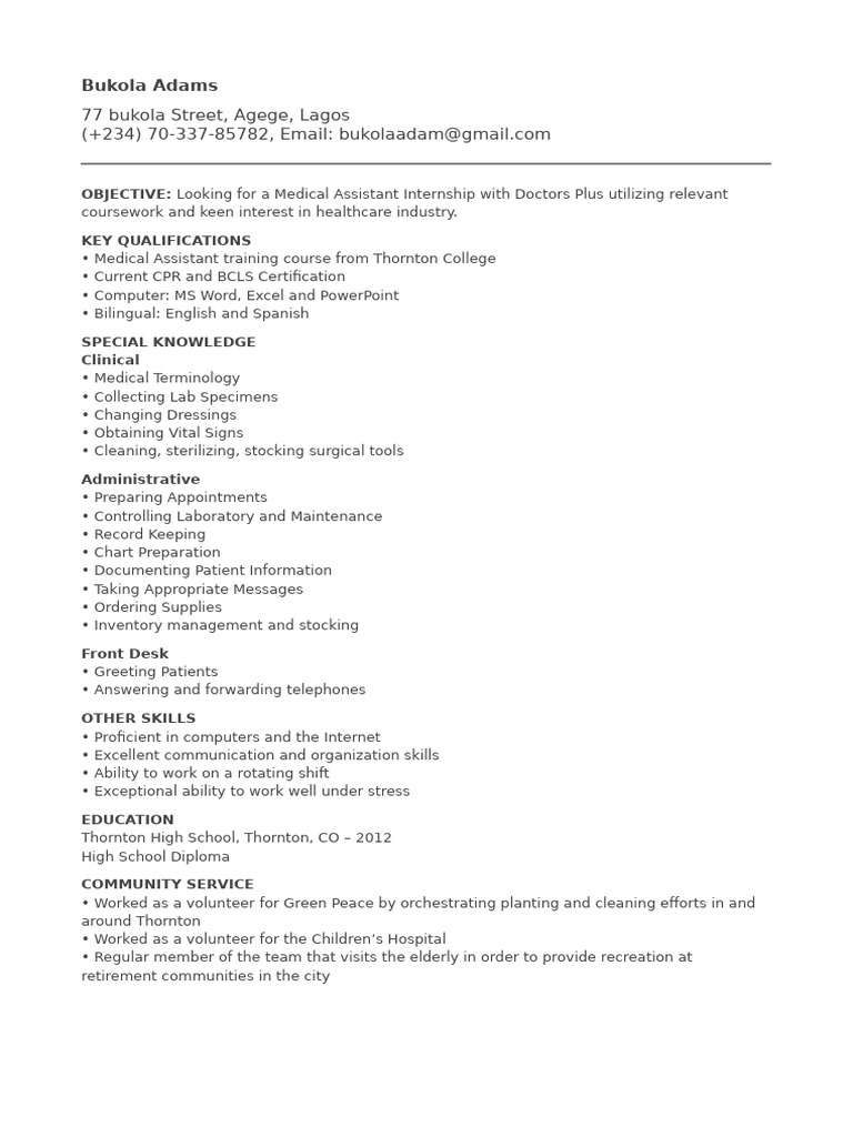 Medical Assistant Internship Resume | PDF
