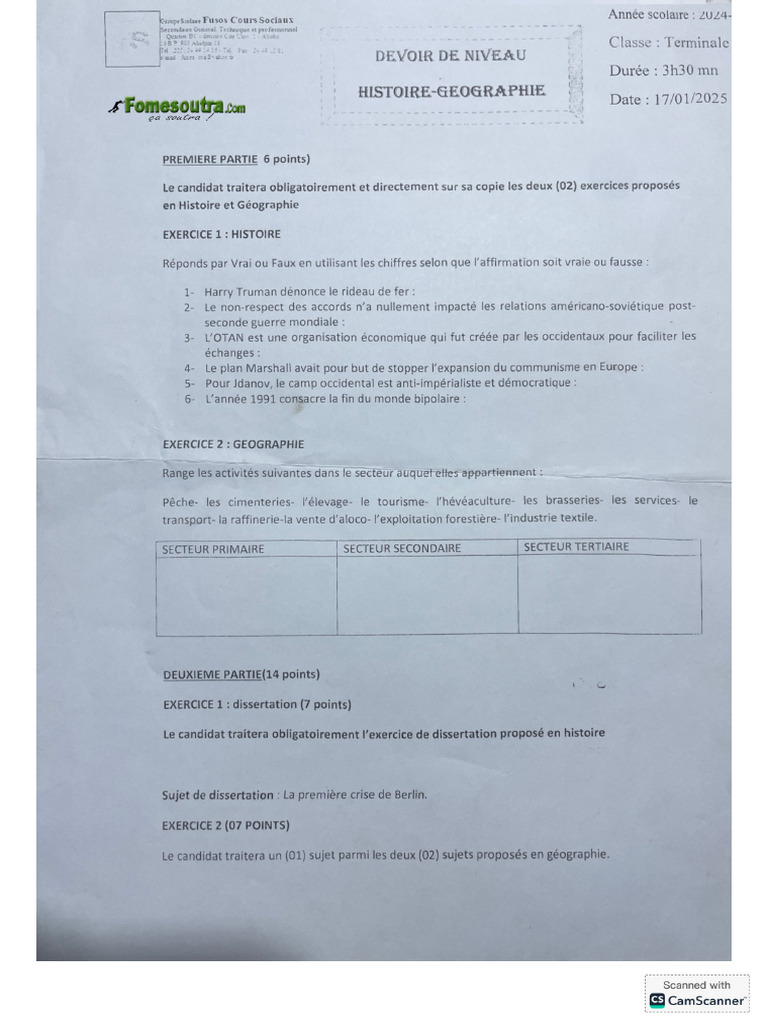 Devoir de Niveau Tle D HG Fusos Cours Sociaux by TEHUA | PDF