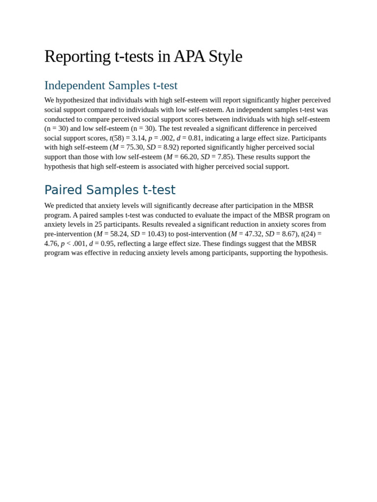 Reporting T-Tests in APA Style | PDF