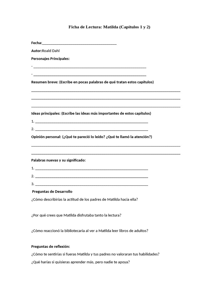Ficha de Lectura - Matilda Capitulo 1 y 2 | PDF