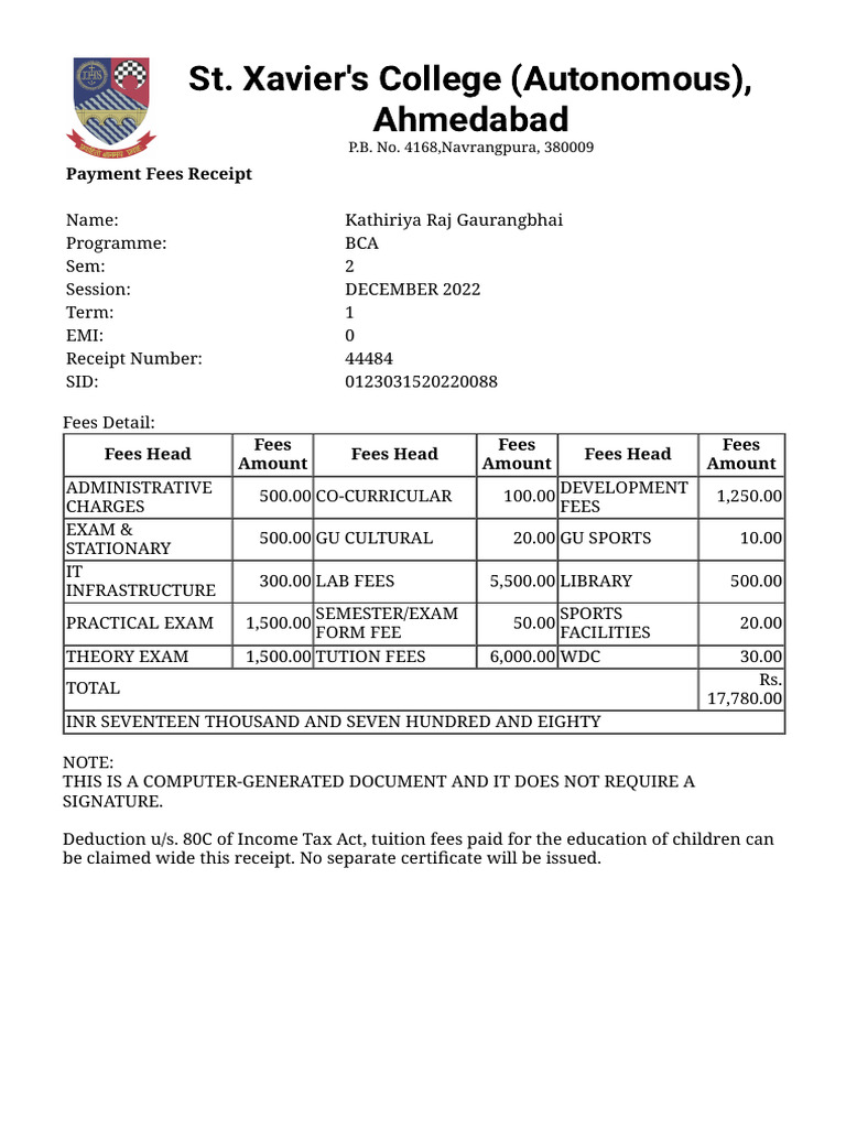 St. Xavier's College BCA Fee Receipt | PDF
