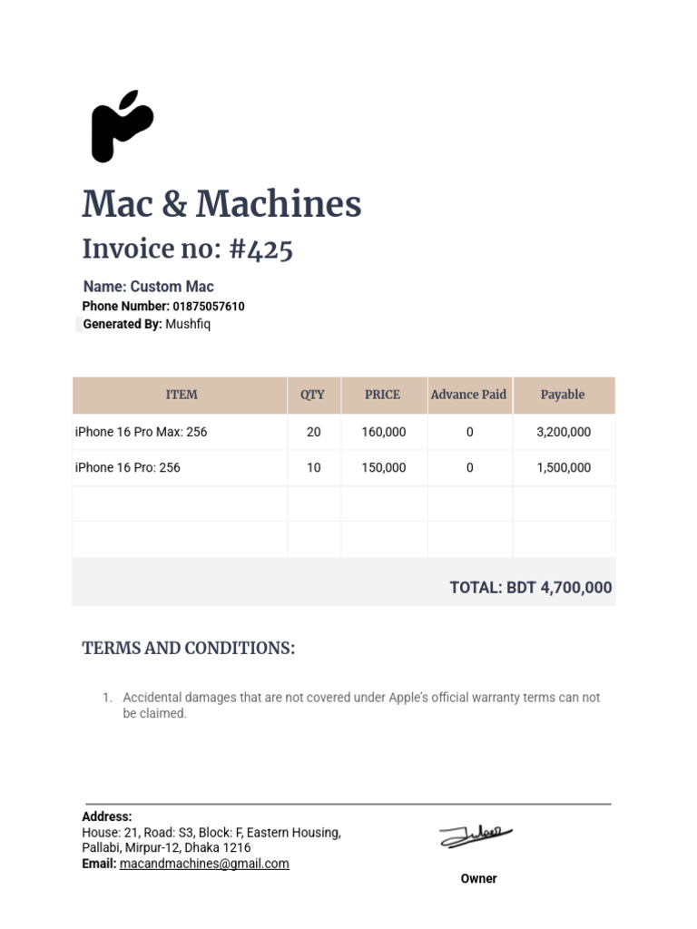 Invoice_ Mac & Machines_iPhone 16 Series | PDF