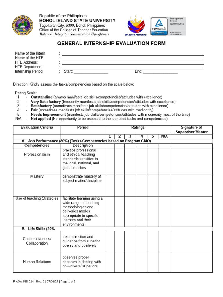 General Internship Evaluation Form New 1 | PDF | Behavior Modification | Cognition