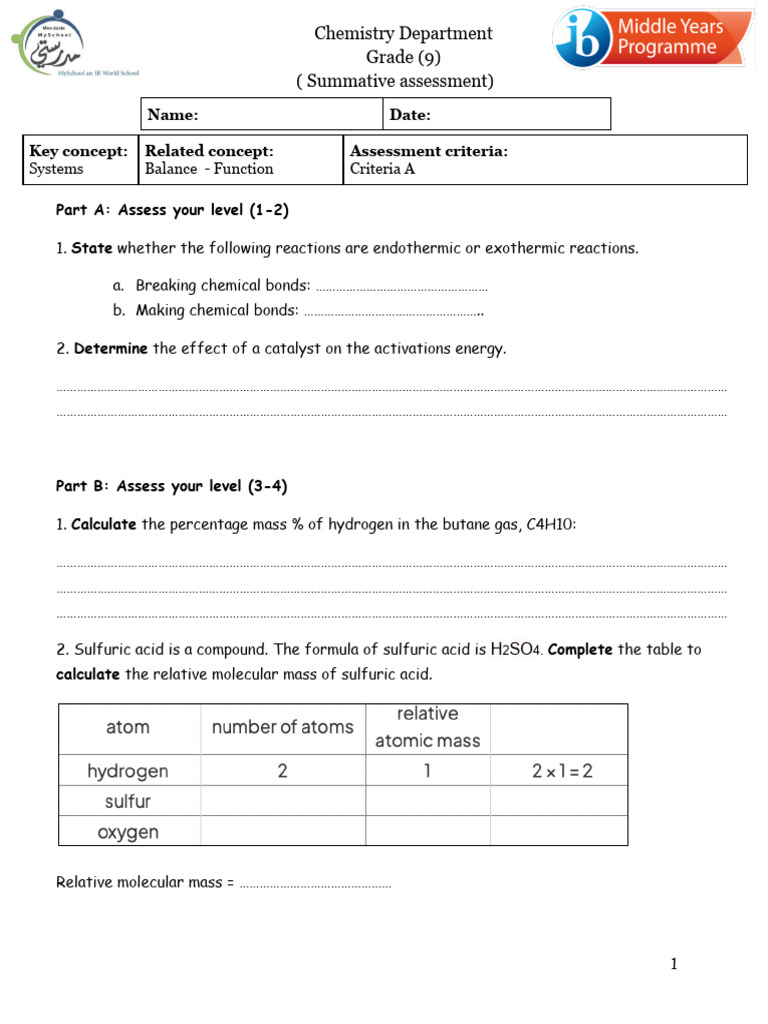 (Summative Assessment 6 MYP 4 Chem) - 2 | PDF | Acid | Sulfuric Acid